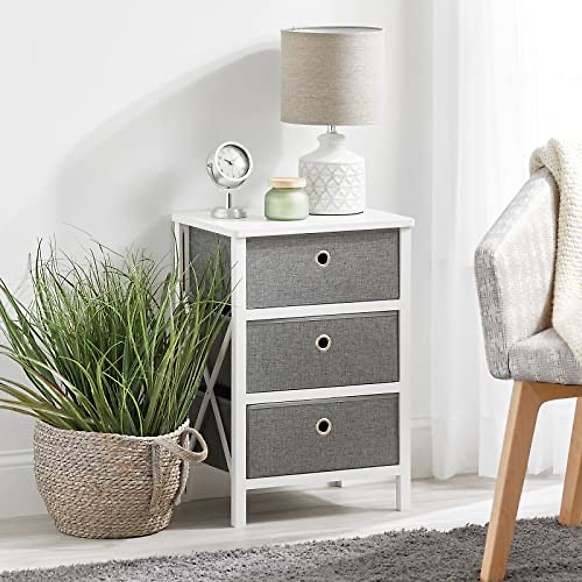 mDesign 3 Drawer Foldable Dresser Storage Unit - Wood Frame, Easy Pull Fabric Bins - Farmhouse Organizer Unit for Household Storage Bedroom, Hallway, Entryway, Closets - Gray/White