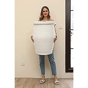 26" x 20" Tall Extra Large Storage Basket with Lid, Cotton Rope Storage Baskets, Woven Laundry Hamper with Cover, Cloth Storage Bin, for Clothes Blanket in Living Room, All White