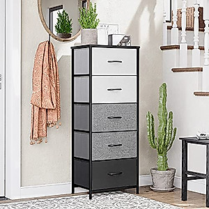 Crestlive Products Vertical Dresser Storage Tower - Sturdy Steel Frame, Wood Top, Easy Pull Fabric Bins, Wood Handles - Organizer Unit for Bedroom, Hallway, Entryway, Closets - 5 Drawers (Black&Gray)