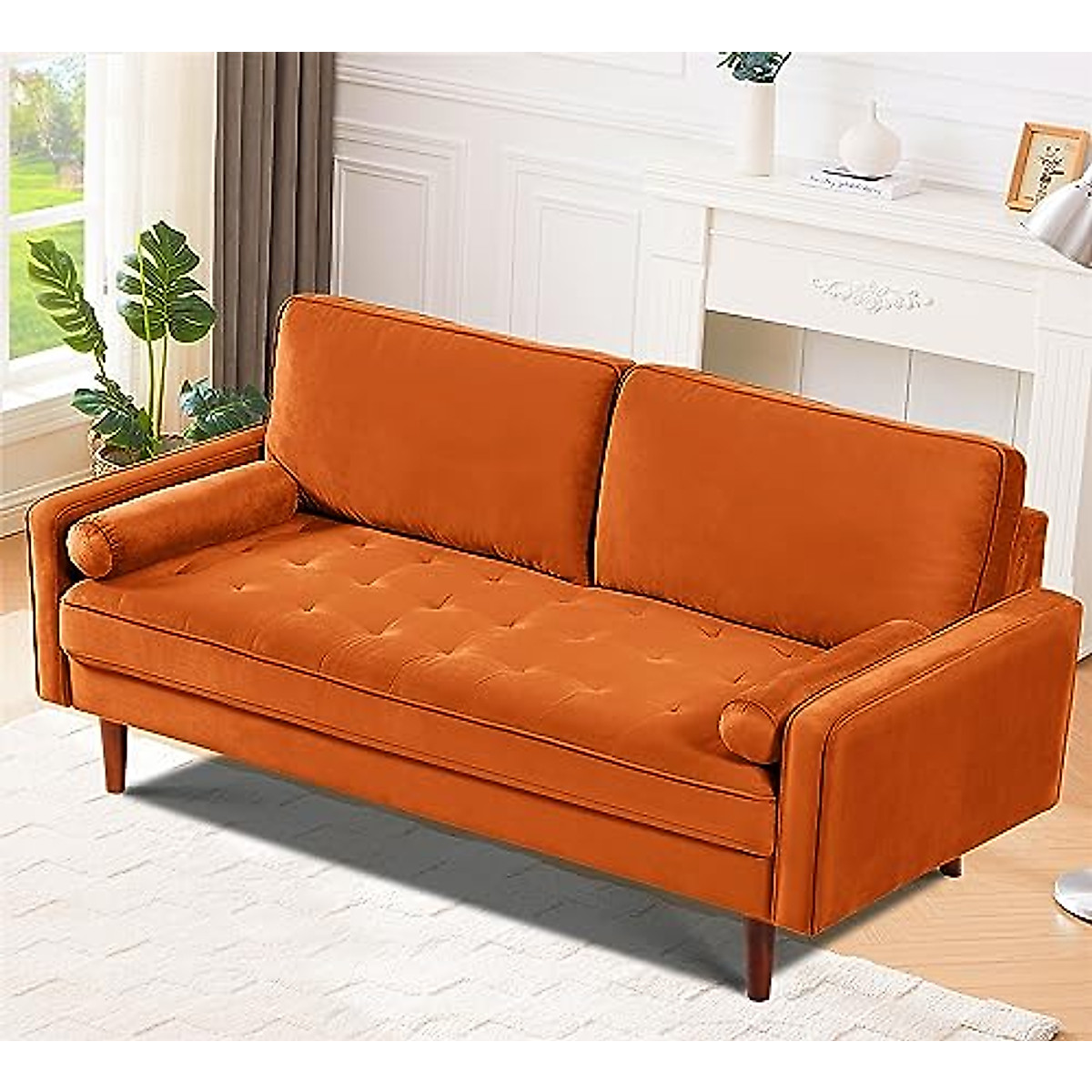 Container Furniture Direct Velvet 58" Loveseat Sofa Couch for Living Room, Classic Mid-Century Style with Modern Silhouette, Button Tufting and Wood Legs, Includes 2 Bolster Pillows, Orange