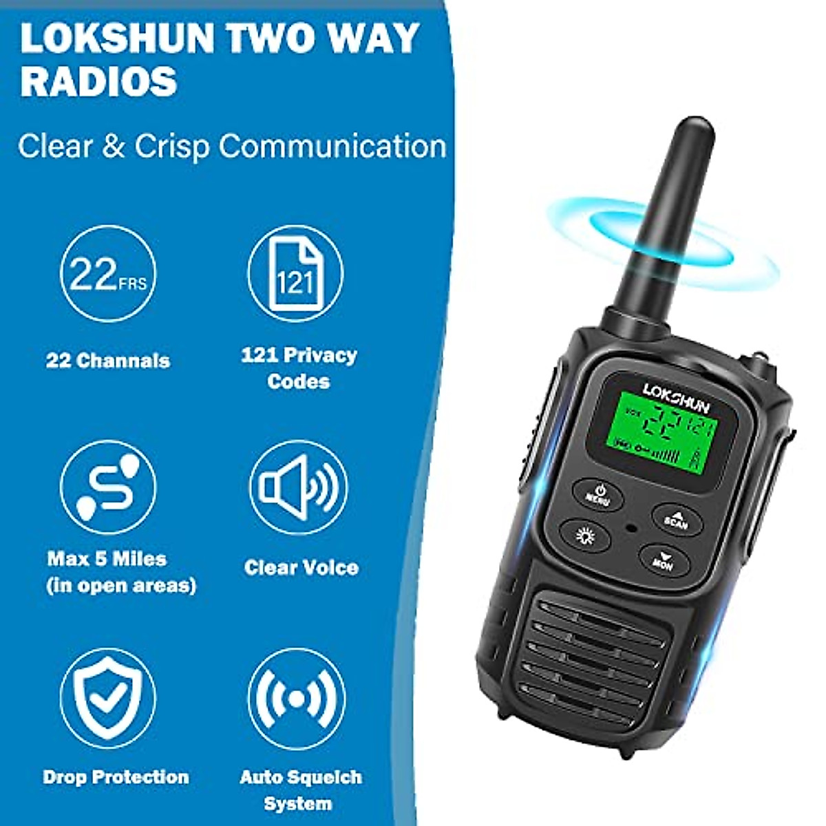 LOKSHUN Walkie Talkies for Adults Long Range with 22 FRS Channels,X1 Walkie Talkie Up to 5 Miles with Earpieces VOX Auto Squelch,Professional Walkie Talkies for Kids Gift Family Hiking Camping(2 Pack)