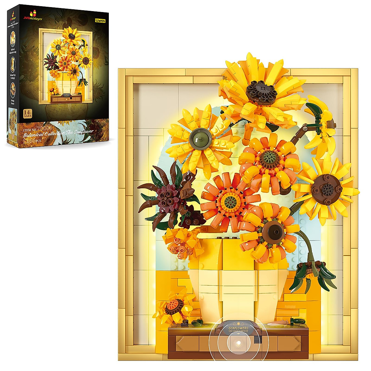 JMBricklayer Flowers Sunflower Building Sets for Adult with Lights 70004, Van Gogh Wall Art Crafts Ideas Flower Bouquet, Painting Frame Room Decor, Valentine’s Day Birthday Gifts for Women Girl