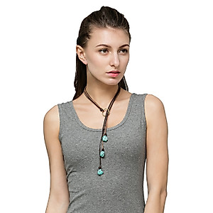 PERNNLA PEARL Bohemian Synthetic Turquoise Necklace Handmade Vintage Y-shaped Jewelry with Genuine Flat Brown Leather