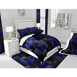 Feelyou Blue and Black Bedding Duvet Cover Set 100% Cotton Full Size Light Geometric Bedding Set for Kids Boys Girls Geometry Decor Comforter Cover Set Modern Style Bedspread Cover