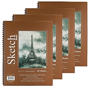 GIFTEXPRESS Bound Spiral Premium Sketch Book Sketch Pads Set, 4 Pads x30-Sheets, 8.5" X 11" Side Wire Bound, White 120 Paper Sheets for Pencil Ink Pastel (4)