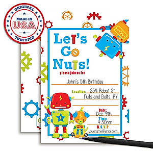 Robot Birthday Party Invitations, 20 5x7 Fill In Cards with Twenty White Envelopes by AmandaCreation …