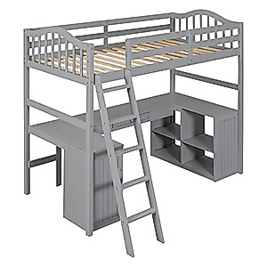 GJHOME Kids Loft Bed with Desk and Drawers, Wooden Twin Loft Bed with Storage Shelves and Angled Ladder, High Loft Bed Frame for Kids, Teens, Adults Boys & Girls, Gray