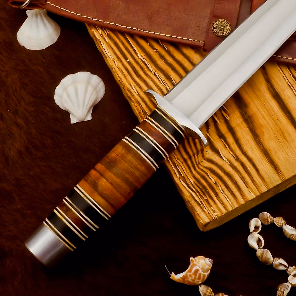 Custom Handmade Damascus Steel 17 Inches Outdoor Survival Fixed Blade Knife, Double Edged Serrated Dagger Leather Wood Handle, Leather Sheath Included