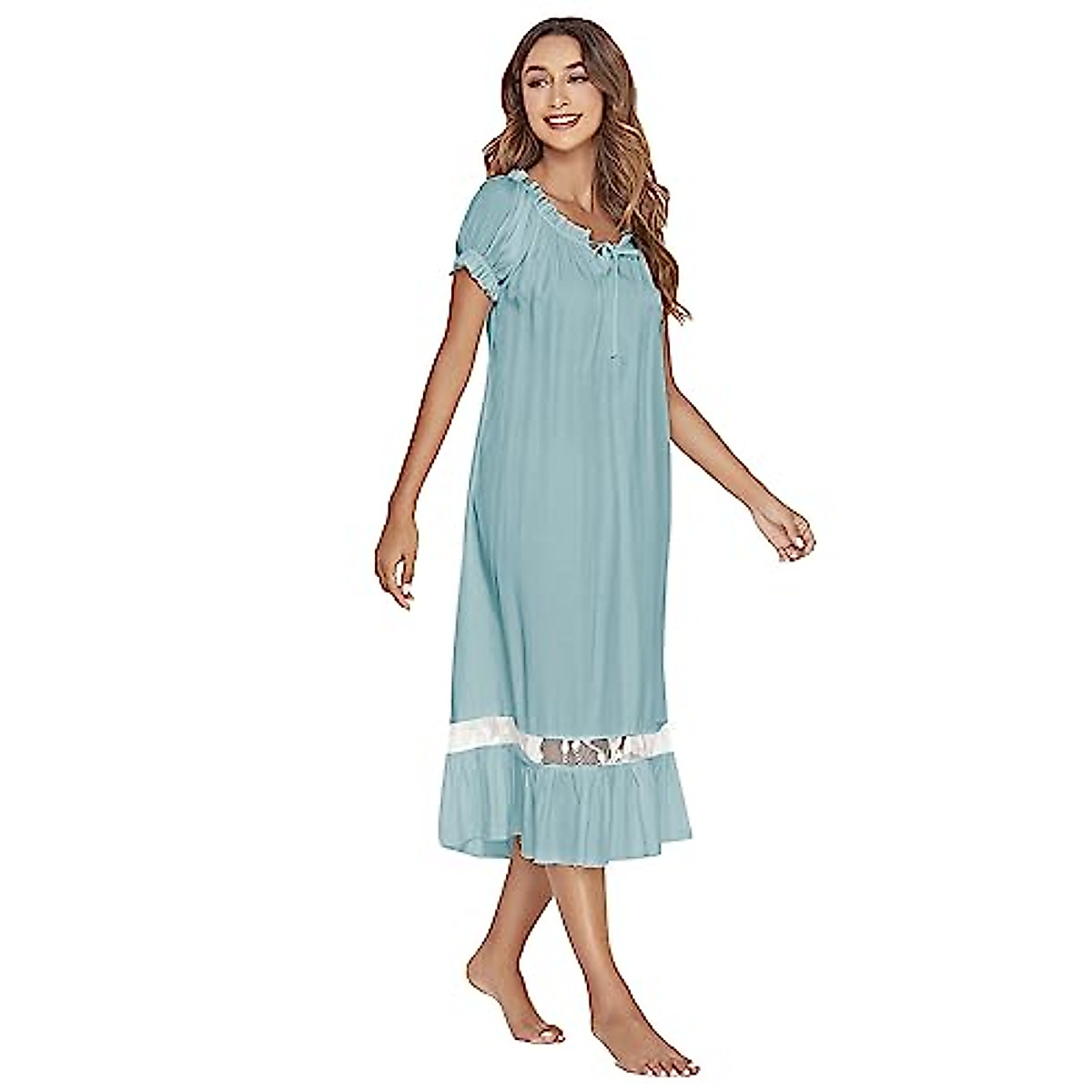 Verdusa Women's Lace Nightdress Short Sleeve Victorian Nightgown Sleepwear Pajama Aqua Blue with Pocket XXL