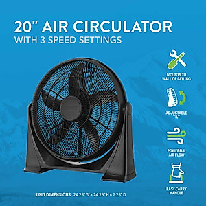 SOHLER 20 Inch High Velocity Powerful Air Circulator Fan, Ideal for Home, Bedroom, Wall Mount Option, White Noise Quiet Operation, 3 Speed Settings, Adjustable 180° Tilt, Black