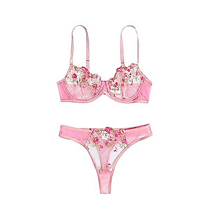 WDIRARA Women's Floral Embroidery Underwire Lingerie Set Mesh Bra and Panty Set Pink S