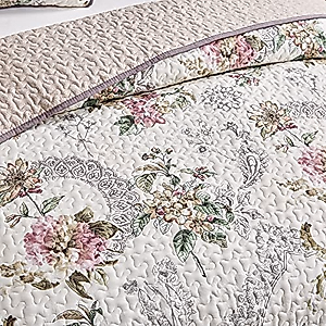 3 Pieces Quilt Set Full/Queen Size, Beige Floral Reversible Bedspread Coverlet Set, Soft Microfiber Lightweight Bed Cover for All Season (90" x 90", 1 Quilt+ 2 Pillow Shams)