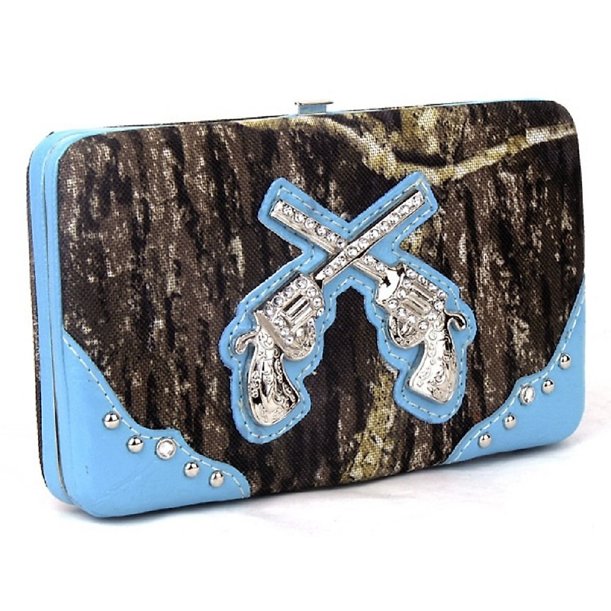Western Handbag Camouflage Gun Pistol Pocket Camo Rhinestone Purse With Matching Wallet (BLUE)