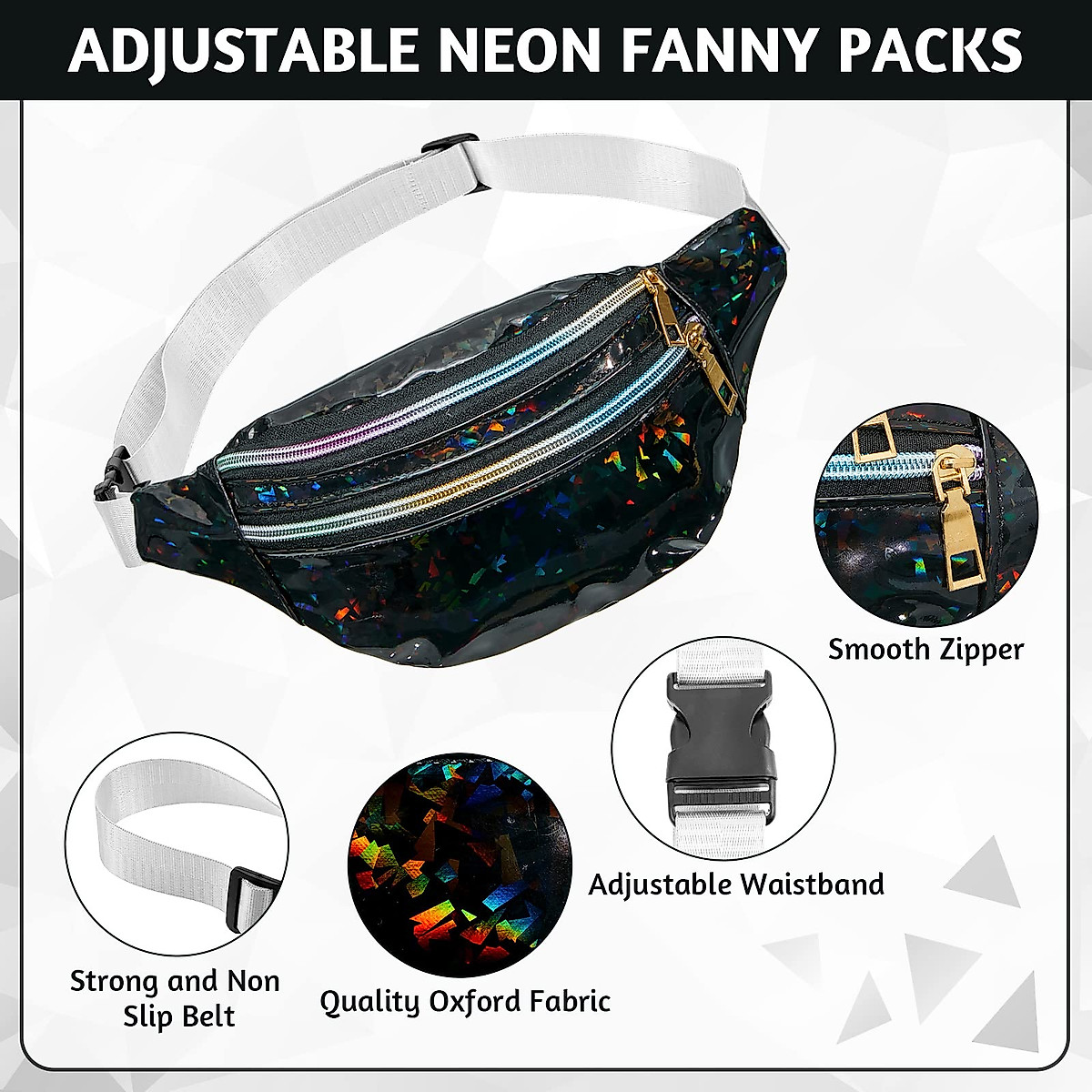 Saintrygo 7 Pack Wedding Bachelorette Fanny Pack Holographic Fanny Pack Bride Bridesmaid Waist Bag for Bachelorette Party(Silver, Black)