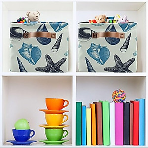 Sea Shell Blue Storage Basket Bins Foldable Toy Baskets Organization with Handles Laundry Hamper for Bedroom Office Clothes Pet Nursery Living Room,2 pcs