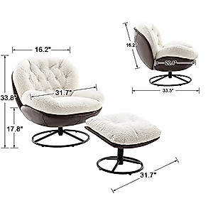 ZHENGHAO Swivel Accent Chair with Ottoman, Mid Century Modern Faux Fur Lounge Chair with footrest, Comfy Fluffy Armchair with 360 Degree Metal Base for Reading/Living Room/Bedroom, White