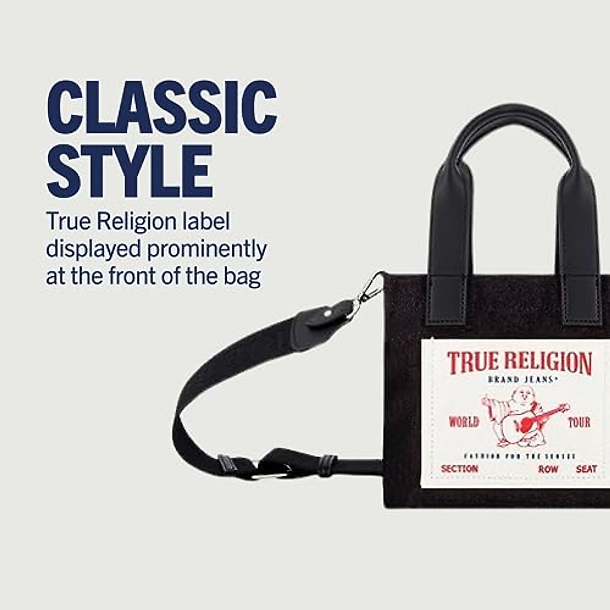 True Religion Tote, Women's Mini Travel Shoulder Bag with Adjustable Strap, Black Denim