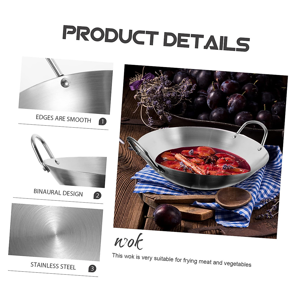 EXQUIMEUBLE Traditional Wok Jaese Bbq Round Baking Outdoor Traditional Chinese Stir Fry Stovetop Fryer Silver Premium Gadget Stainless Steel Wok Pot