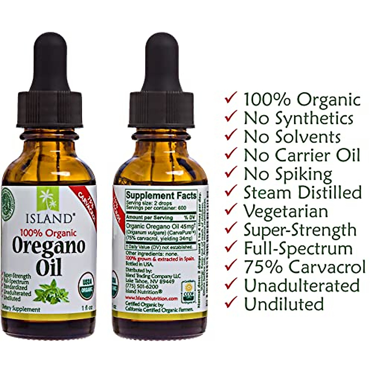 Island Nutrition, Oregano Oil Organic Liquid Drops - 100% Pure & Undiluted - USDA-Certified Organic (1 oz) 75% Carvacrol - Grown in Spain - Immune Support Supplement with Oil of Oregano.