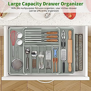fifame Silverware Drawer Organizer, Expandable Kitchen Utensil Organizer, Larger Capacity Flatware and Cutlery Tray, Multi-Purpose Drawer Storage for Kitchen, Dressing Table, Office, Bathroom, (Grey)
