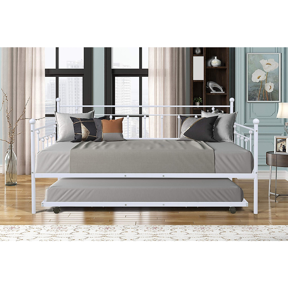 Modern Daybed with a Trundle Twin Size,Daybed Metal Frame with Pullout Trundle for Kids Teens and Adults, No Box Spring Needed,White Gray