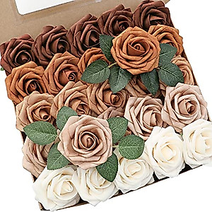 floroom Artificial Flowers 25pcs Real Looking Earth Tones Ombre Colors Foam Fake Roses with Stems for DIY Wedding Bouquets Bridal Shower Centerpieces Party Home Decorations