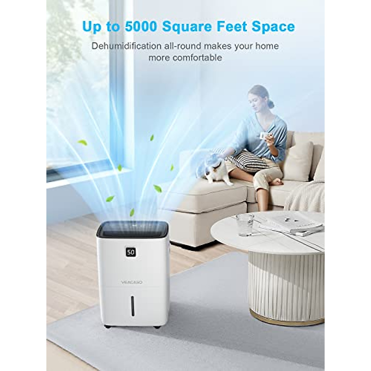 70 Pints Dehumidifiers for Home, VEAGASO 5,000 Sq.Ft Dehumidifier for Basement with Drain Hose, Large Room, Bathroom, Closet, Intelligent Humidity Control, 2023 Most Efficient, White