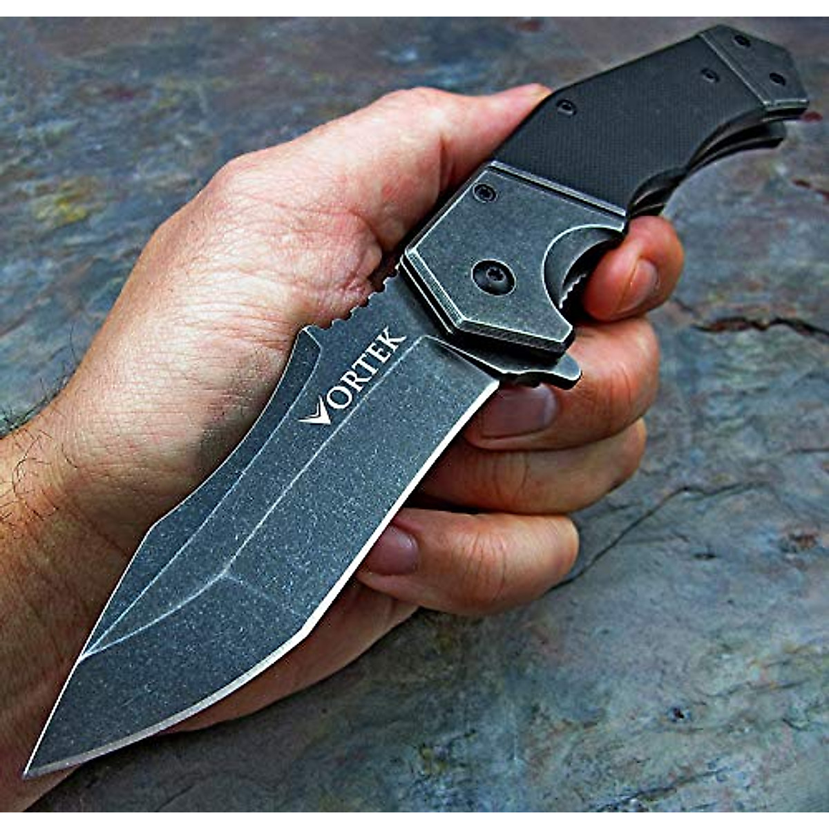 VORTEK SPROCKET: Black G10 Handles, Ball Bearing Pivot System, 8Cr13MoV Drop Point Blade, Great Everyday Carry Knife EDC with Stainless Steel Pommel