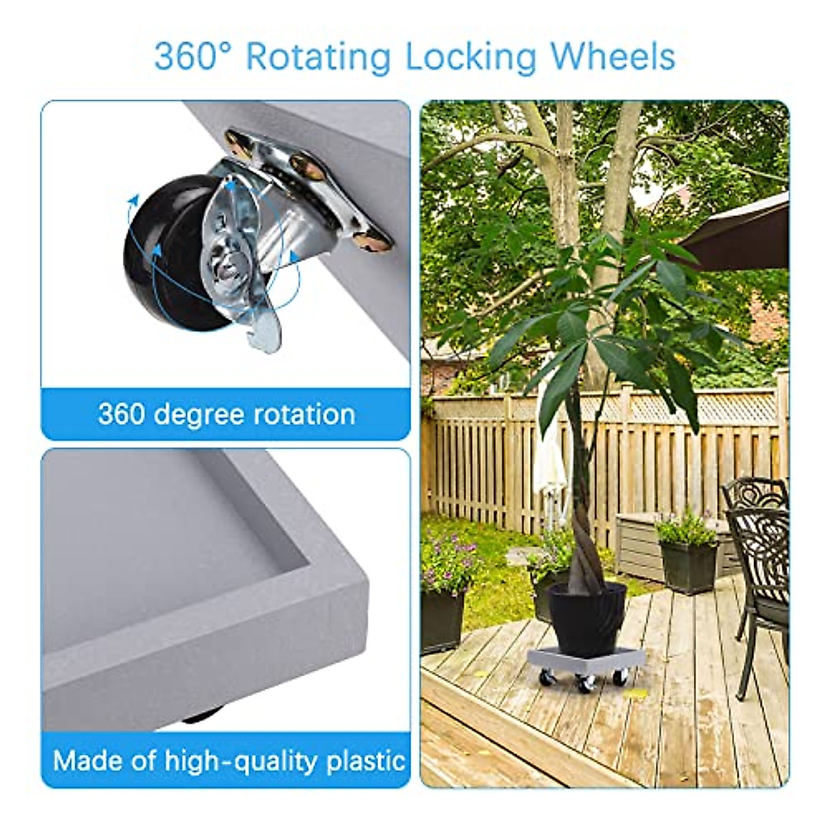 CAPRIZ Squares Plant Caddy with Wheels, 7.9 in Plastic Plant Stand with Lockable Wheels, Heavy Duty Rolling Plant Dolly Base, Large Potted Planter Cart Dolly for Flower Pot Outdoor Indoor