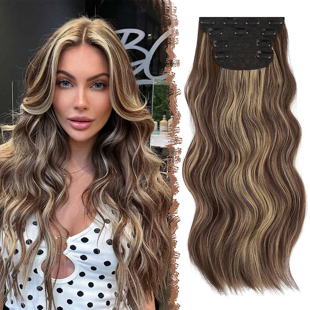 FESHFEN Clip in Hair Extensions 4 PCS Long Wavy Thick Highlighted Hair Piece Clip in Extensions Synthetic Hair Extension for Women, Blonde Highlighteded Medium Brown 20 Inch