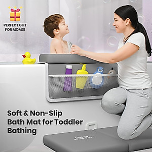 Baby Bath Kneeler and Elbow Rest Pad 2 Pieces Set with 3 Spacious Pocket to Organize Baby Acessories, 1.5" Thick Non-Slip, Soft, Fast-Drying Foldable Toddler Bath (Grey)