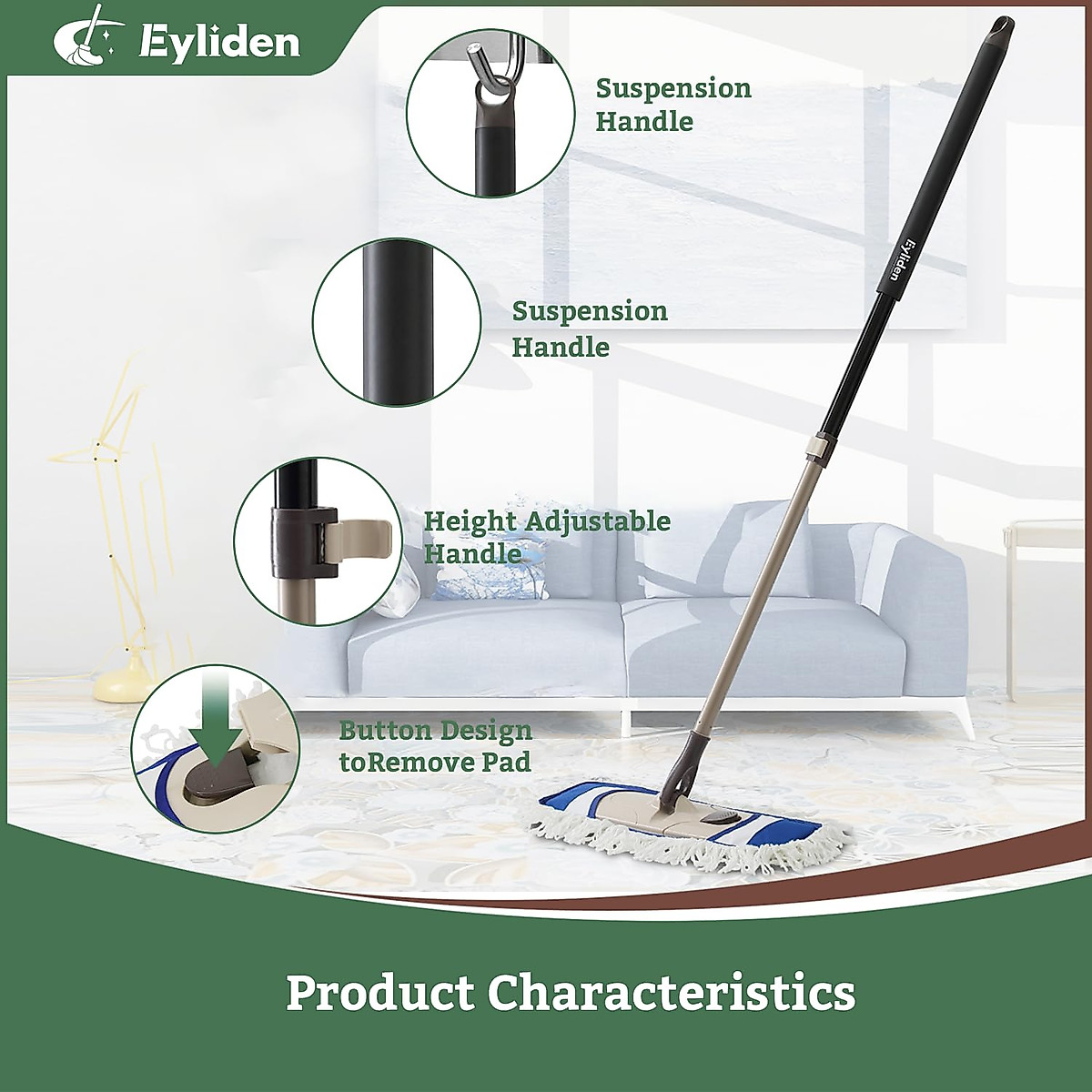 Eyliden Dust Mop with 2 Reusable Washable Pads - One Touch Replacement, Height Adjustable Handle, Wet & Dry Mops for Floor Cleaning, Hardwood, Laminate, Tile Flooring Push Dust Broom