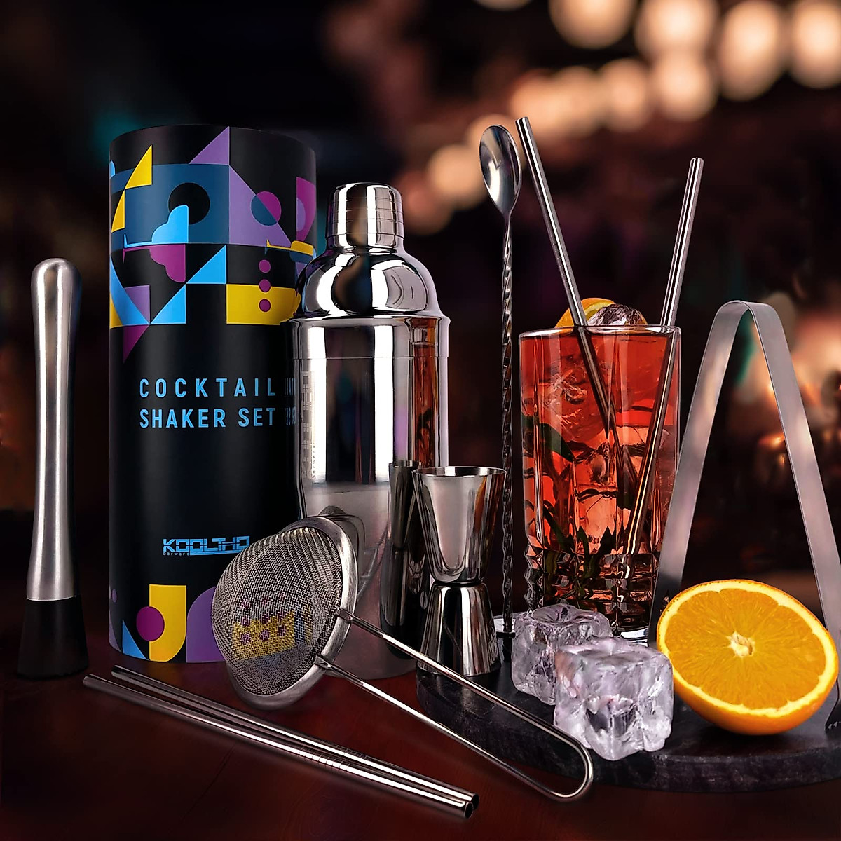 Cobbler Shaker Cocktail Mixer Set, Manhattan Drink Gift Sets for Women Men, Full Bartender Kit with Cocktails Mixing Accessories Jigger Bar Spoon Muddler Strainer Tongs Reusable Metal Straws 4 Drinks