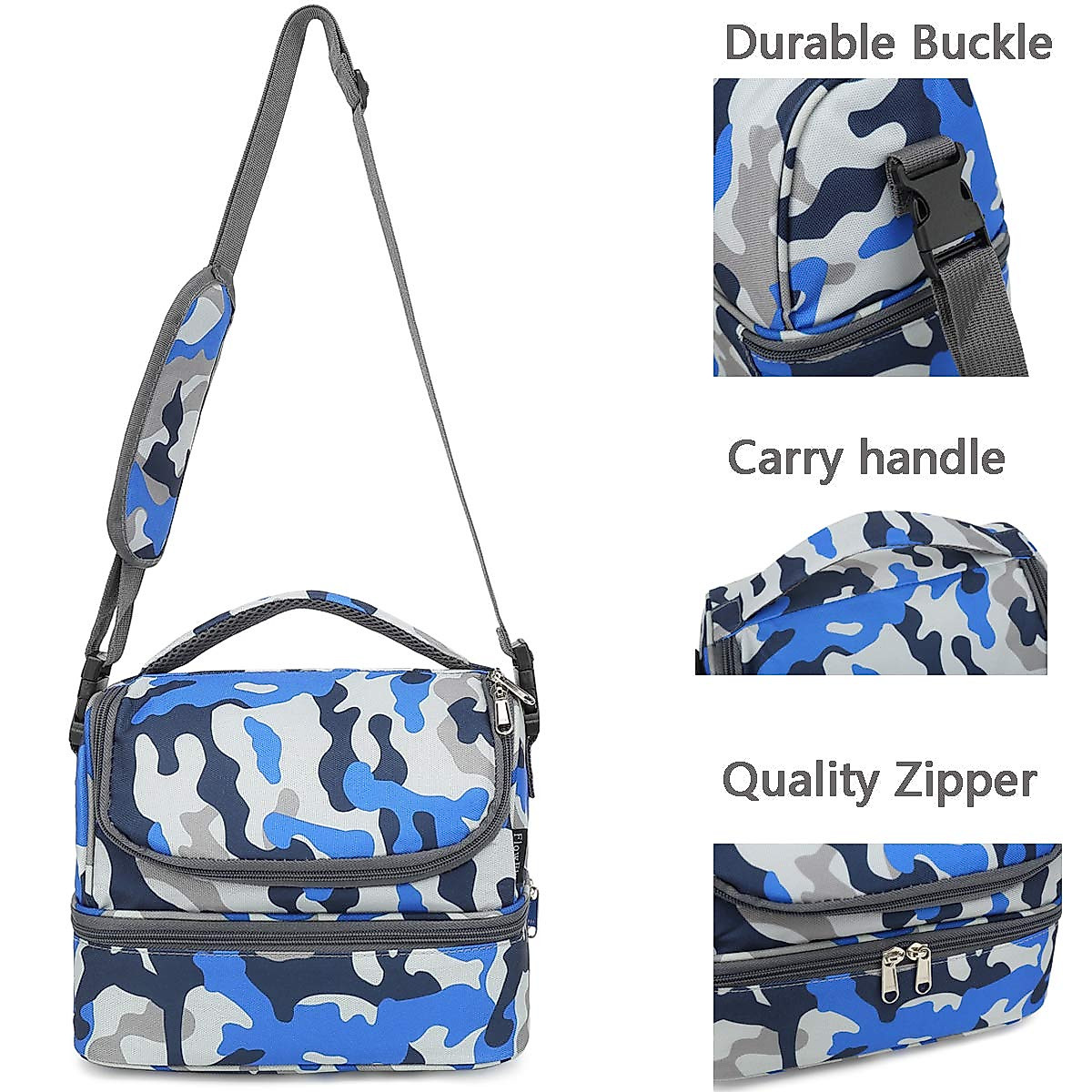FlowFly Kids Double Decker Cooler Insulated Lunch Bag Large Tote for Boys, Girls, Men, Women, With Adjustable Strap, Blue Camo
