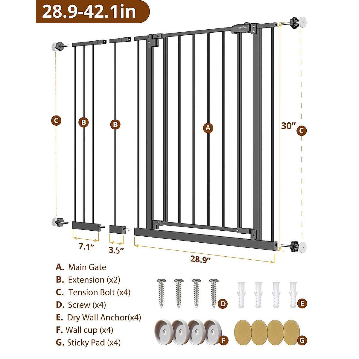 InnoTruth 28.9-42.1" Wide Baby Gate for Stairs, 30" Tall Dog Gates for Doorways Expandable One-Hand Open, Easy Walk Through Dual Lock Metal Pet Gates for Dogs, Black-Family & Mom's Choice Award Winner