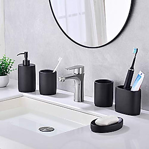 ZEXZEN Bathroom Accessories Set 5 Piece, Matte Black Bathroom Sets Accessories with Soap Dispenser,Toothbrush Holder,Soap Dish,Tumbler Cup,Resin Bathroom Gift Set (Matte Black)