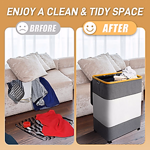 Sinimaka 150L Laundry Hamper 3 Section, Large Divided Laundry Basket with Wheels and Lid, Tall Dirty Clothes Hamper with Bamboo Handles and 3 Removable Bag for Bedroom, College Dorm, Bathroom, Grey