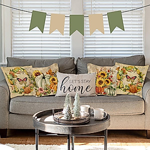 Juirnost Fall Pumpkin Pillow Covers 18x18 Inch Set of 4 Pumpkin Sunflower Autumn Harvest Throw Pillow Cases Squirrel Decorative Thanksgiving Day Cushion Case for Couch Sofa Outdoor Home Decor