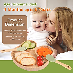 3PCS Bamboo Baby Plate with Silicone Spoon & Fork, Baby Suction Food Plate, All-Natural Baby Plate for Babies & Toddlers, Baby Led Weaning Supplies Non Slip & BPA Free (Green-Frog