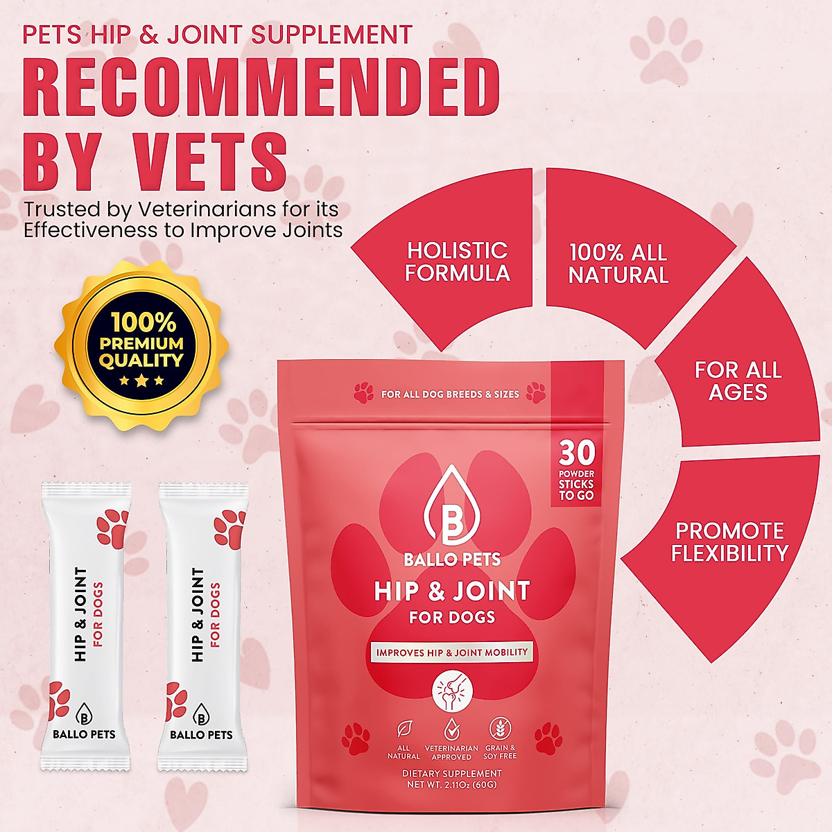 Ballo Pets Hip & Joint for Dogs - Joint Supplement for Dogs - Pain and Inflammation Relief with Glucosamine, Chondroitin, MSM, Turmeric, Vitamin C - 30 Powder Sticks to go, Red