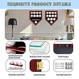 BYOSII Baseball and Championship Ring Display Case 12 Baseball Holders for Balls Display Baseball Ring Display Wall Cabinet with 98% Uv Protection for Collection Autographed Baseball Championship Ring