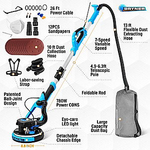 Drywall Sander, Electric Drywall Sander with Vacuum Labor-Saving Back Belt，7 Variable Speed, LED Light, 900-1800RPM, Dustless Floor Sander for Popcorn Ceiling, Wood Floor