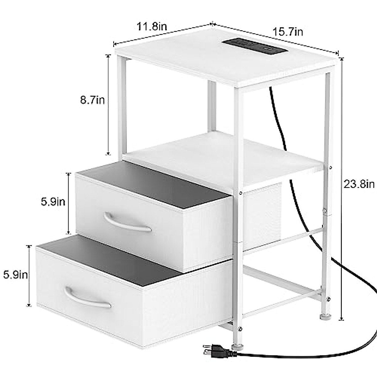 DOMYDEVM White Nightstand with Charging Station Bedroom Night Stand Bedside Table with USB Ports and Outlets Small Side End Table with 2 Fabric Storage Drawers for Living Room Dorm
