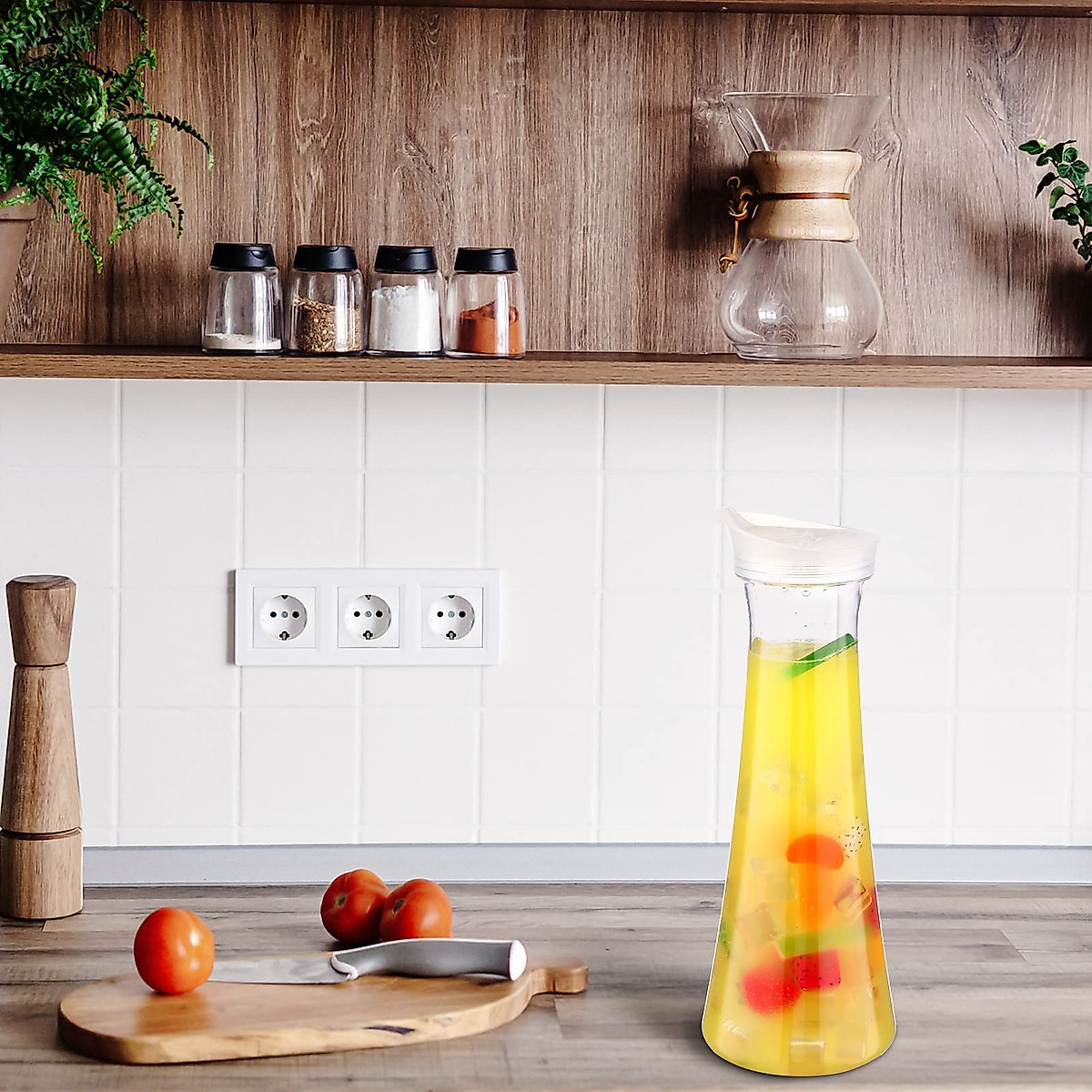 12 Pcs Water Carafe with Flip Tab Lid 34oz Clear Plastic Water Juice Pitcher Heavy Duty Drink Containers Jugs for Fridge for Mimosa Bar, Brunch, Cold Water, Juice, Wine, Milk, Iced Tea, Lemonade