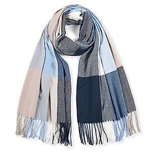 Fashion Women Men Winter Warm Scarves Color Block Tassel Scarf Soft Wraps Long Shawl (Blue, One Size)