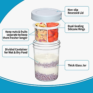 Xyptorix 16 oz Overnight Oats Containers with Airtight Lids - 4-Pack Leak-Proof Wide Mouth Mason Jars & Divided Cups for Dried and Wet Foods, Glass Jars for Chia Pudding, Salad, Snacks, and Yogurt