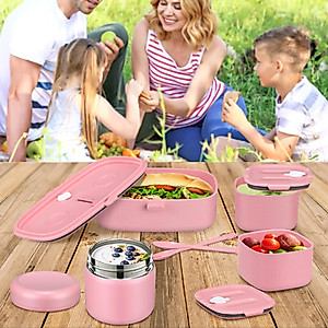 Pawtong Bento Lunch Box with 8oz Soup Thermo, Kids Sustainable Bento Box Leakproof Lunch Food Containers with Lunch Bag, Kids Thermo Insulated Hot Food Jar for School, Trvael (Pink)