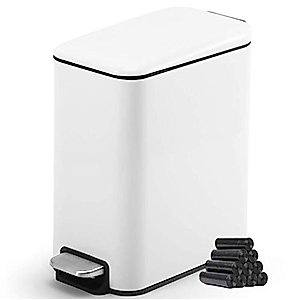 Bathroom Trash Can Wastebasket with Soft Close Lid - Rectangular Slim Narrow Stainless Steel Step Garbage Can for Craft Room Bedroom Kitchen Office - Removable Inner Bucket 5L/1.3 Gal (White)