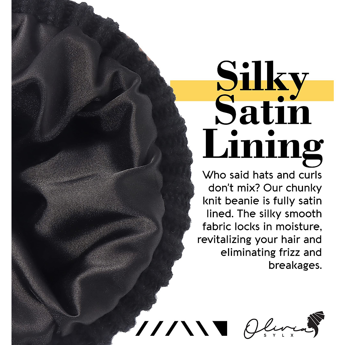 Olivia Sylx Satin Lined Beanie for Women - Satin Beanie,Silk Beanie, Satin Lined Winter Hats for Women & Slouchy Beanie Black