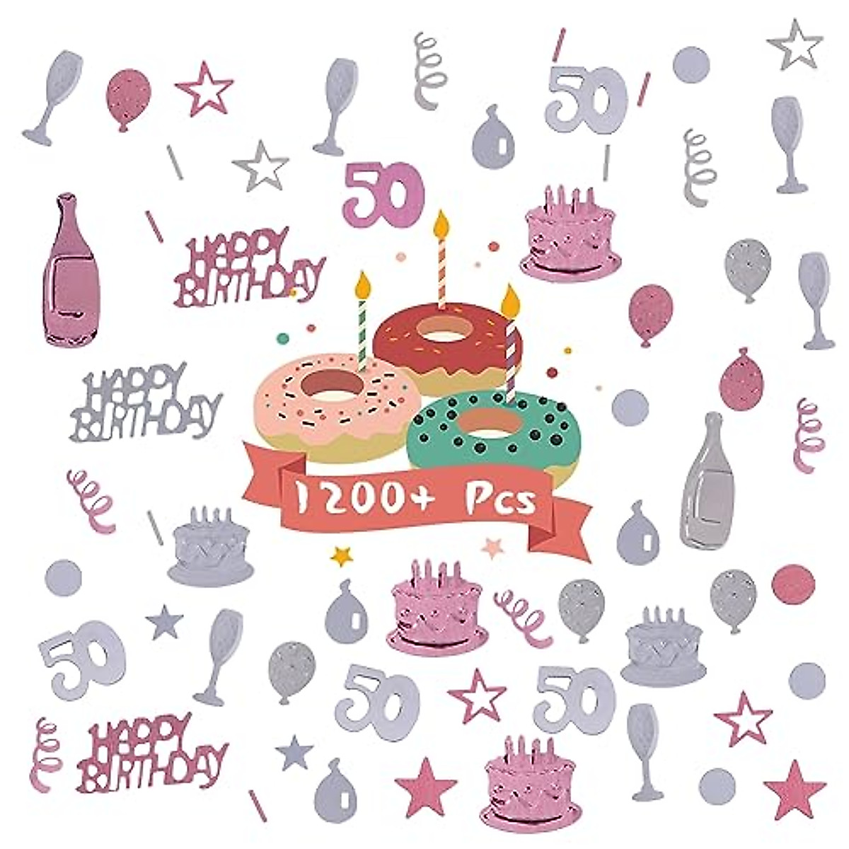 OSDUE 3000 Pieces Pink Gold Silver Happy Birthday Confetti, 50 Years Birthday Cake Confetti, Metallic Foil Balloon Confetti, Table Scatter Confetti Decoration Supplies, for Birthday Party (50th Style)